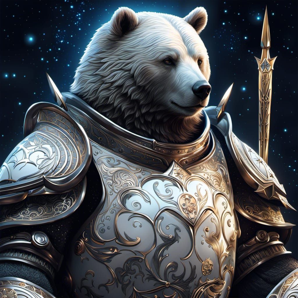 Obese Bear Knight made of Nanobytes, constellations, White color armor ...