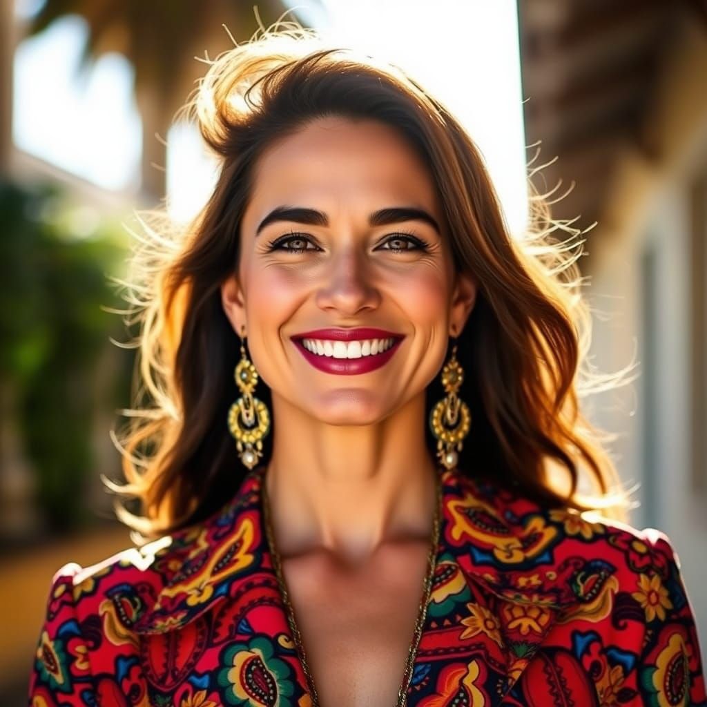 tia buenorra - Smiling Woman in Sunlight: Surreal Pop Art Po...