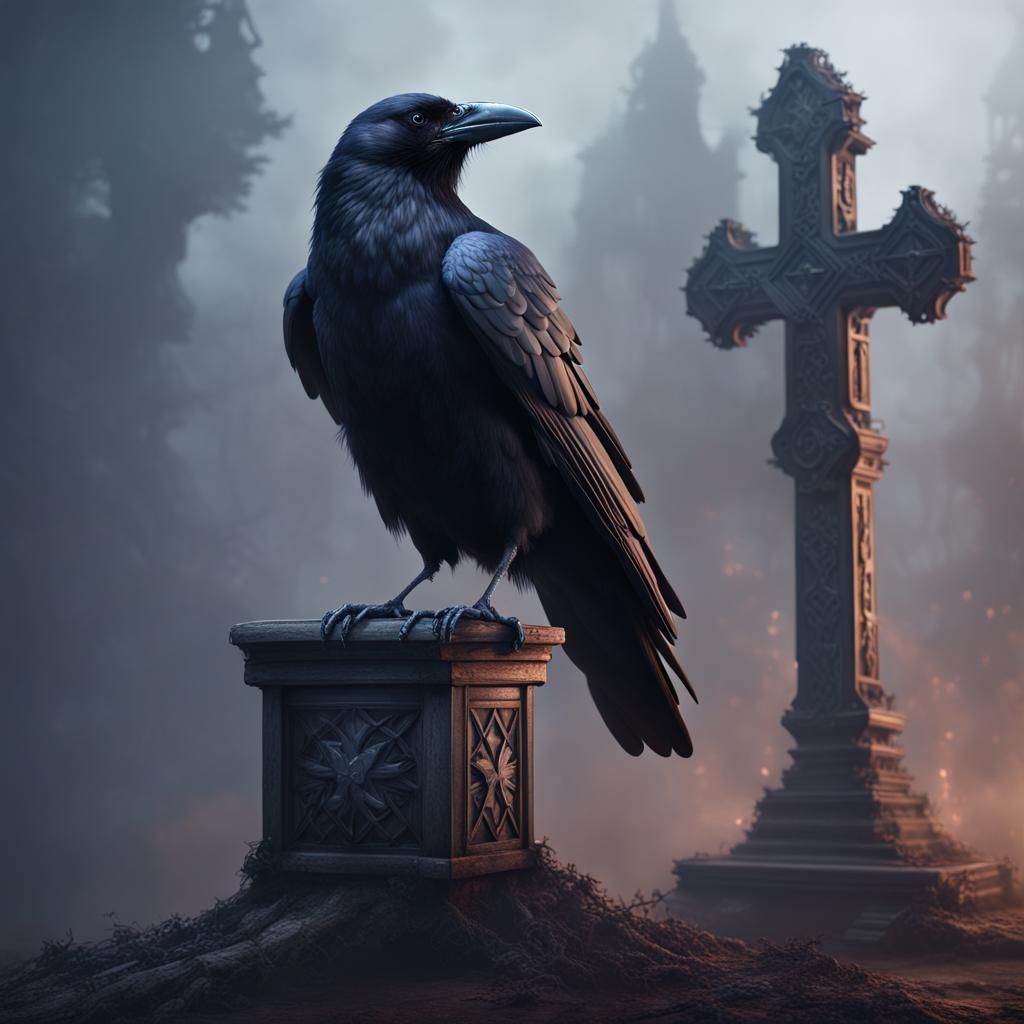 hyper realistic Raven, sitting on a cross with fog - AI Generated ...
