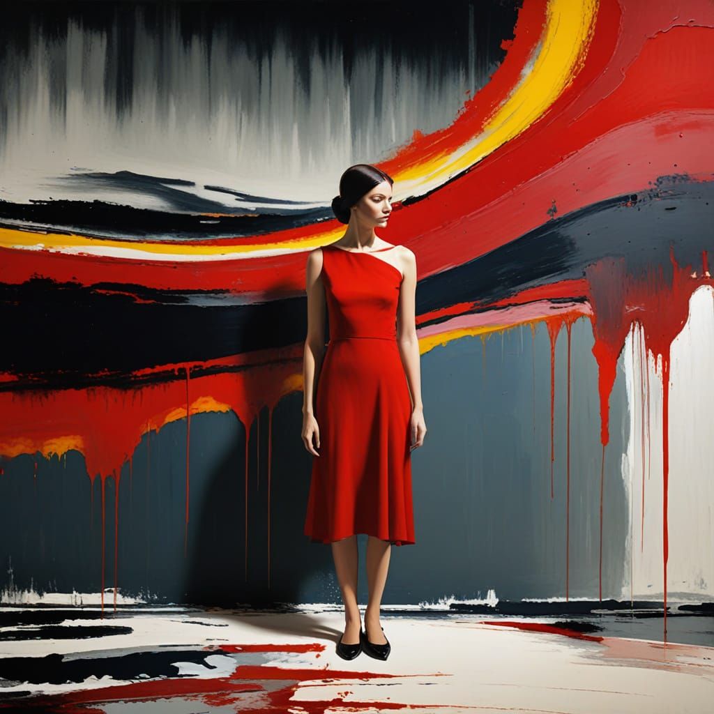 Vibrant Red Cliffside Landscape with Flowing Figur... - AI Art