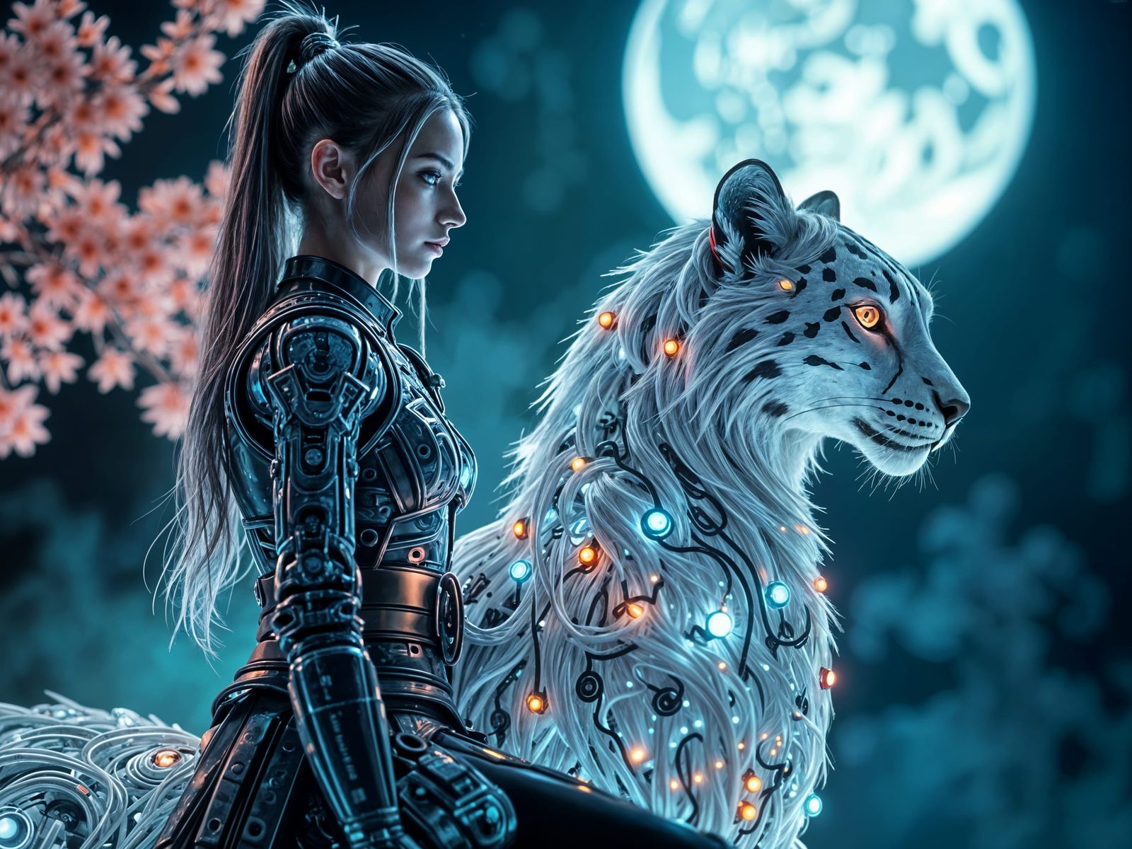 Samurai Girl with her Snow Leopard - Cybernetic Samurai Girl...