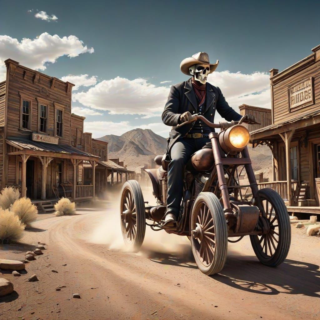 Old West Ghost Rider riding through a ghost town