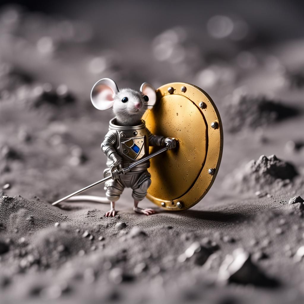 Photograph, Macro, Mouse holding a shield made of Steel on the moon ...