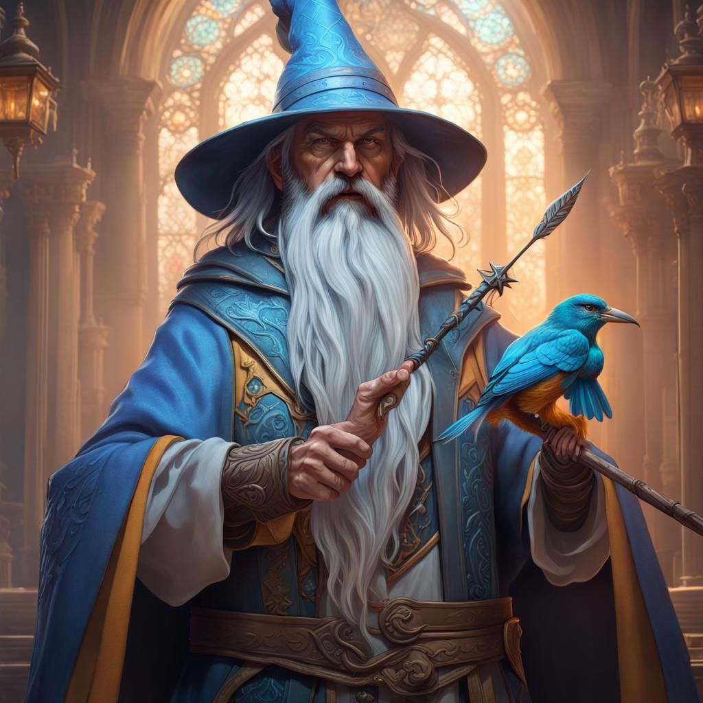 wizard with bird and wand, fantastical, intricate detail, splash screen ...