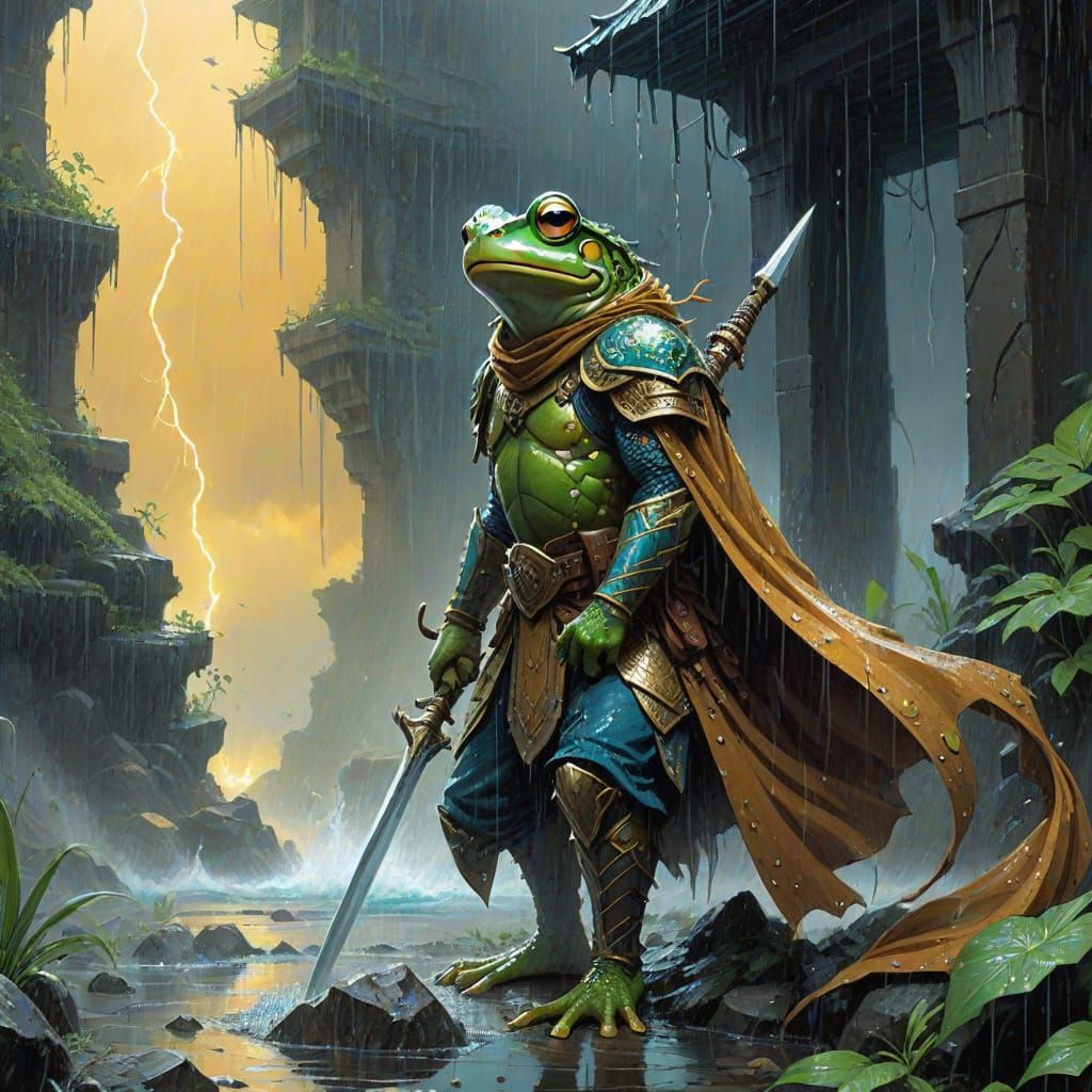 Majestic Frog Warrior in Ancient Armor Stands Hero... - AI Art