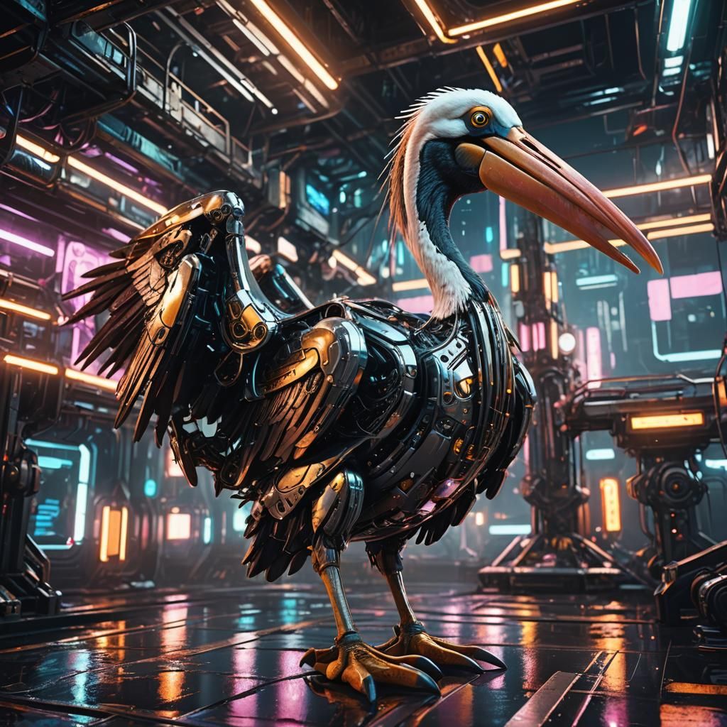 pelican bird - Cyberpunk Pelican: Mech Bird on Metallic Pla...
