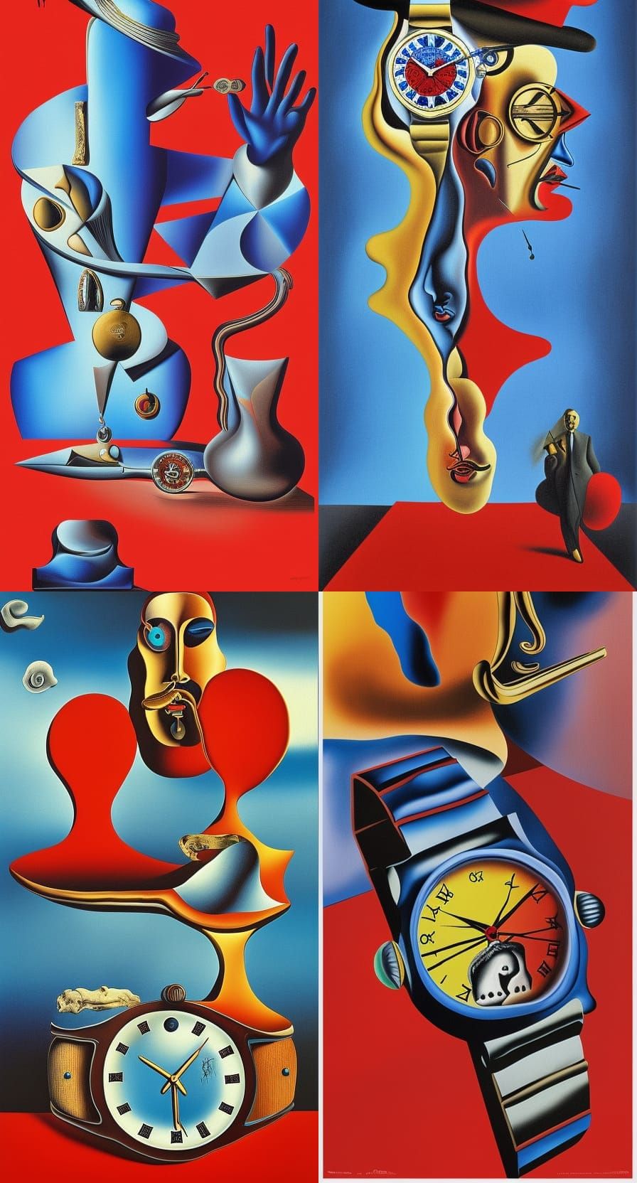 Surrealist style of Salvador Dali, watches, colors red and blue poster ...