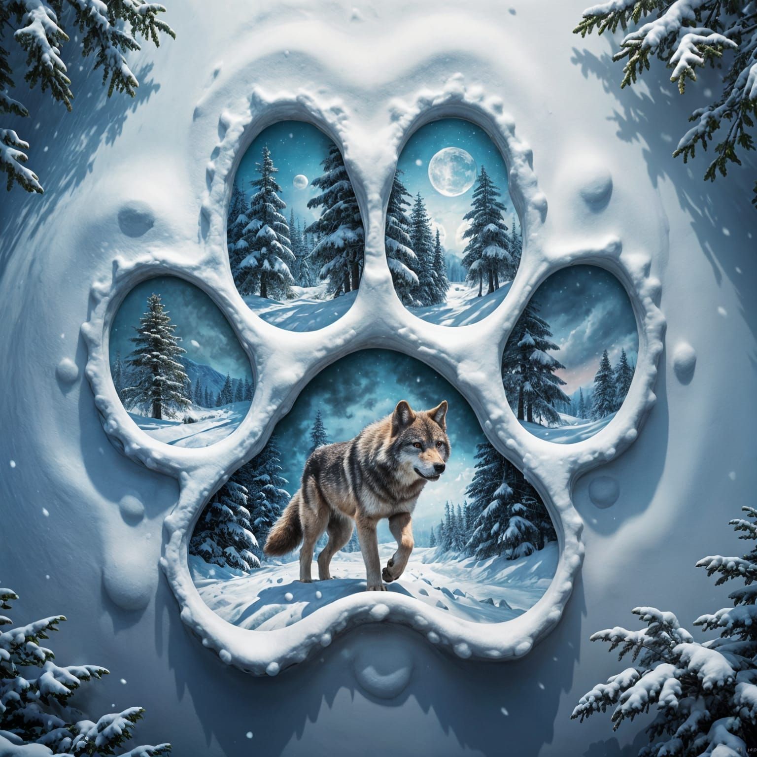 Trace of A Wolf Paw - Wolf Paw Silhouette in Midwinter Snows...