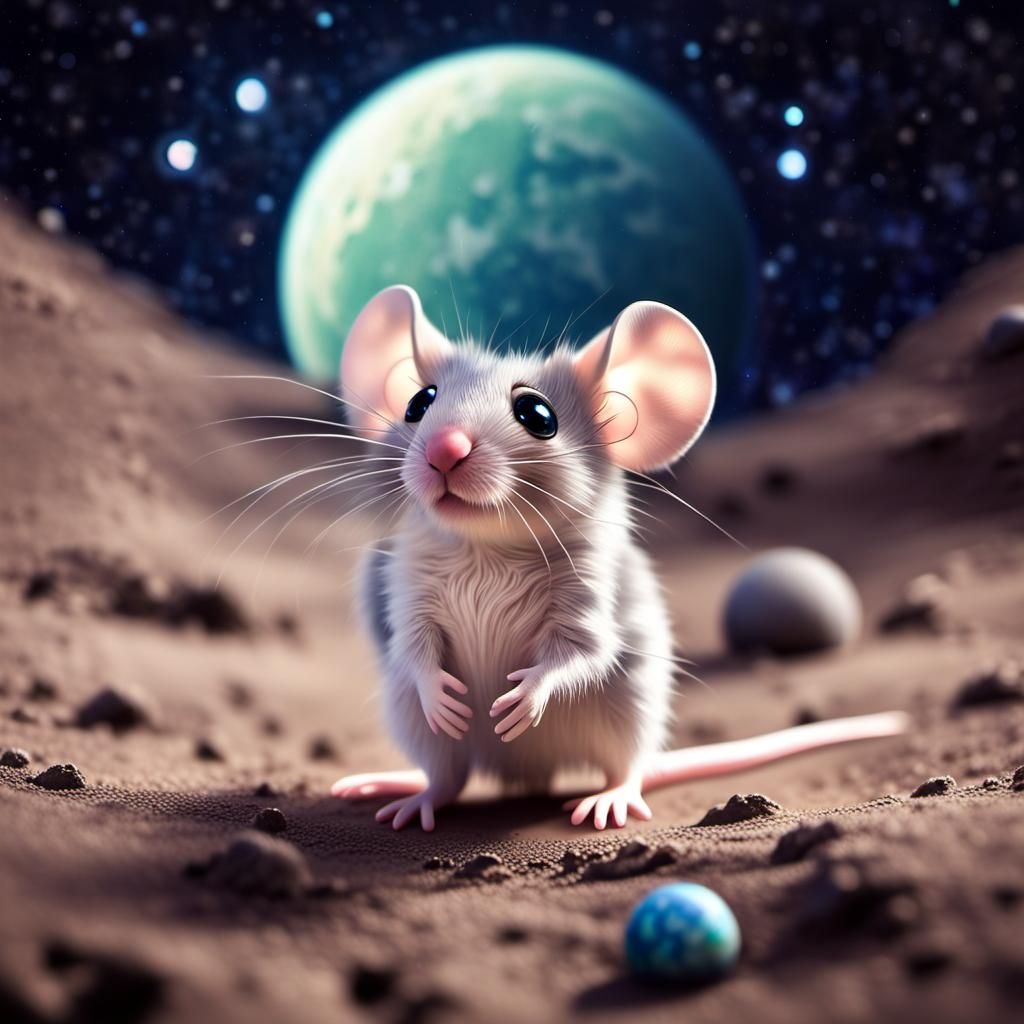 Photograph, Macro, Adorable chibi mouse with big eyes on the moon ...