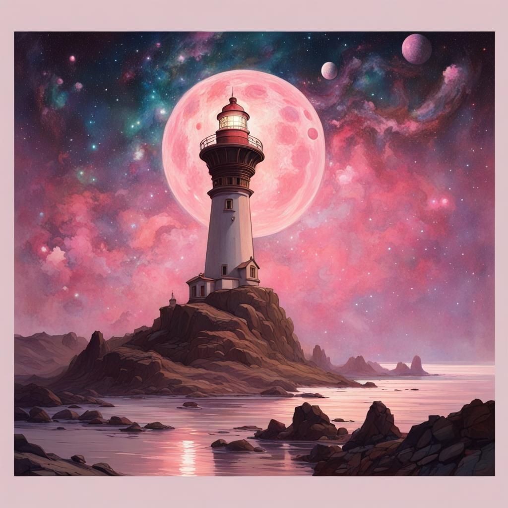 Alfonso Mucha painting of a lighthouse in space situated on a distinct ...