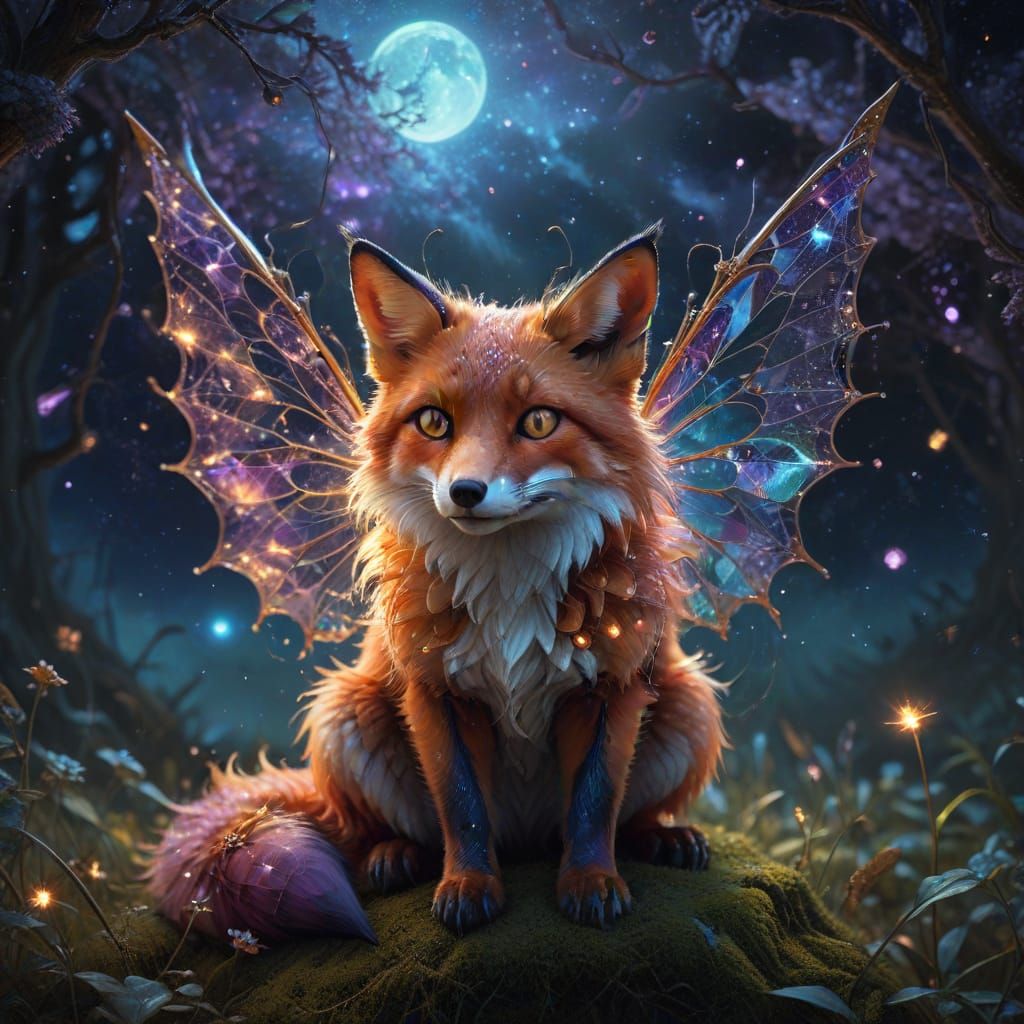 Ethereal Fox-Winged Faerie in Cosmic Whimsy - AI Art
