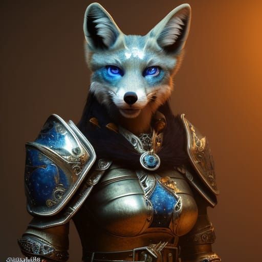 Anthropomorphic majestic, warrior Fox, arcane mage, big blue eyes, lots ...