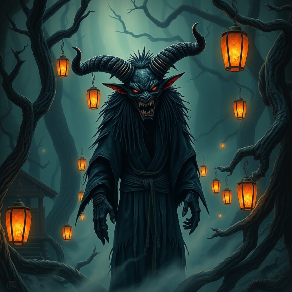 Oni , - Mysterious Oni Emerges from Dark Forest in Haunting...