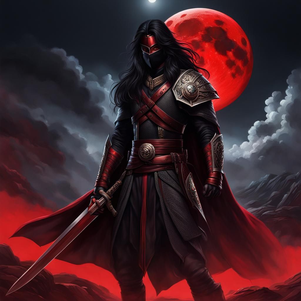 man, long black hair, black face mask, red tears, black and red sword ...