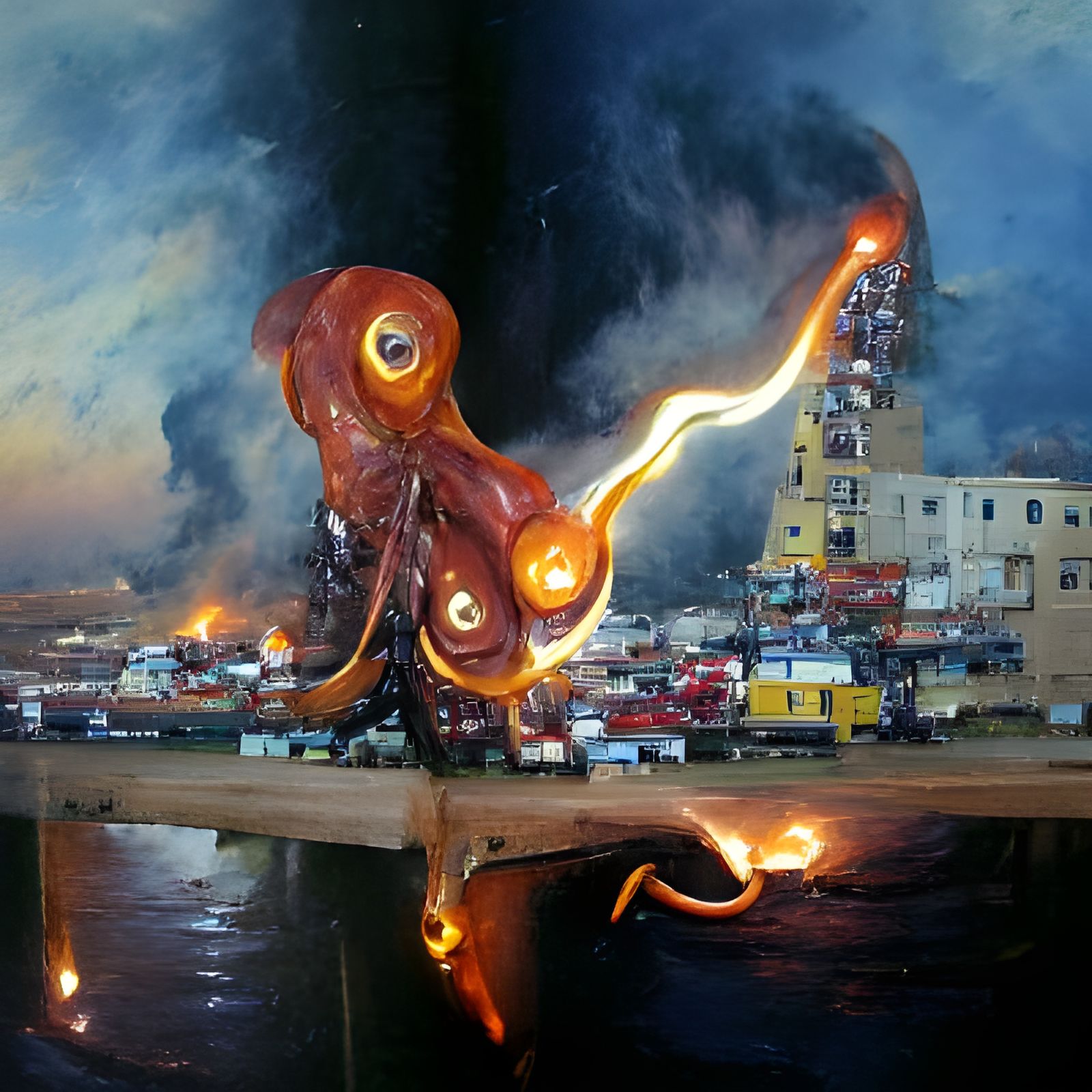 An octopus made from energy flames standing over destroyed city - AI ...