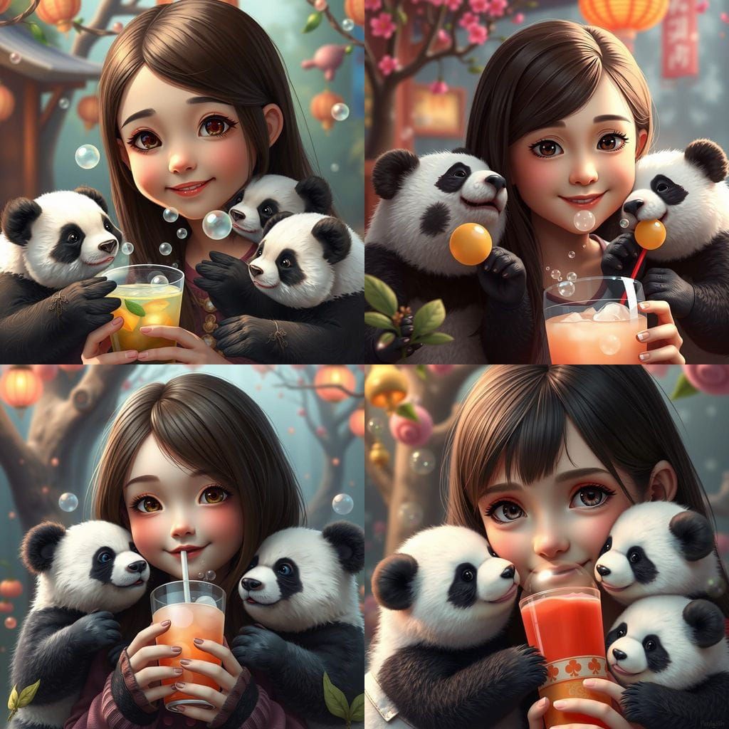 Panda and bubble tea girl - Happy Pandas Surround a Sweet Bu...