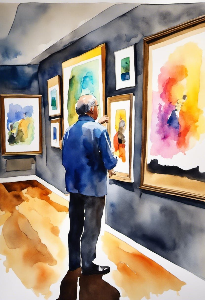 patron at art gallery viewing a painting of a patron viewing a painting ...