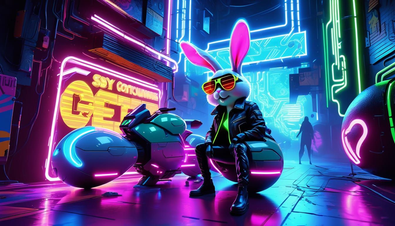 Cyberpunk Easter Bunny hiding electronic techno multicoloured eggs!