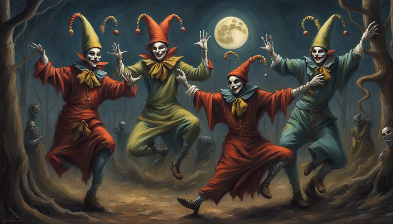 Creepy Jesters Dancing in a Woodland - AI Generated Artwork - NightCafe ...