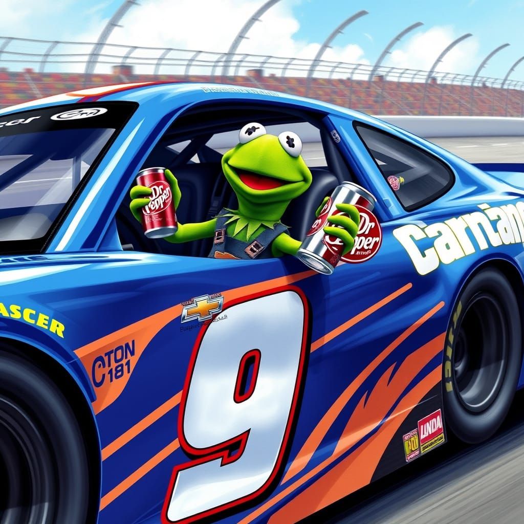 Kermit the Frog Drives Chevy Camaro NASCAR with Dr... - AI Art