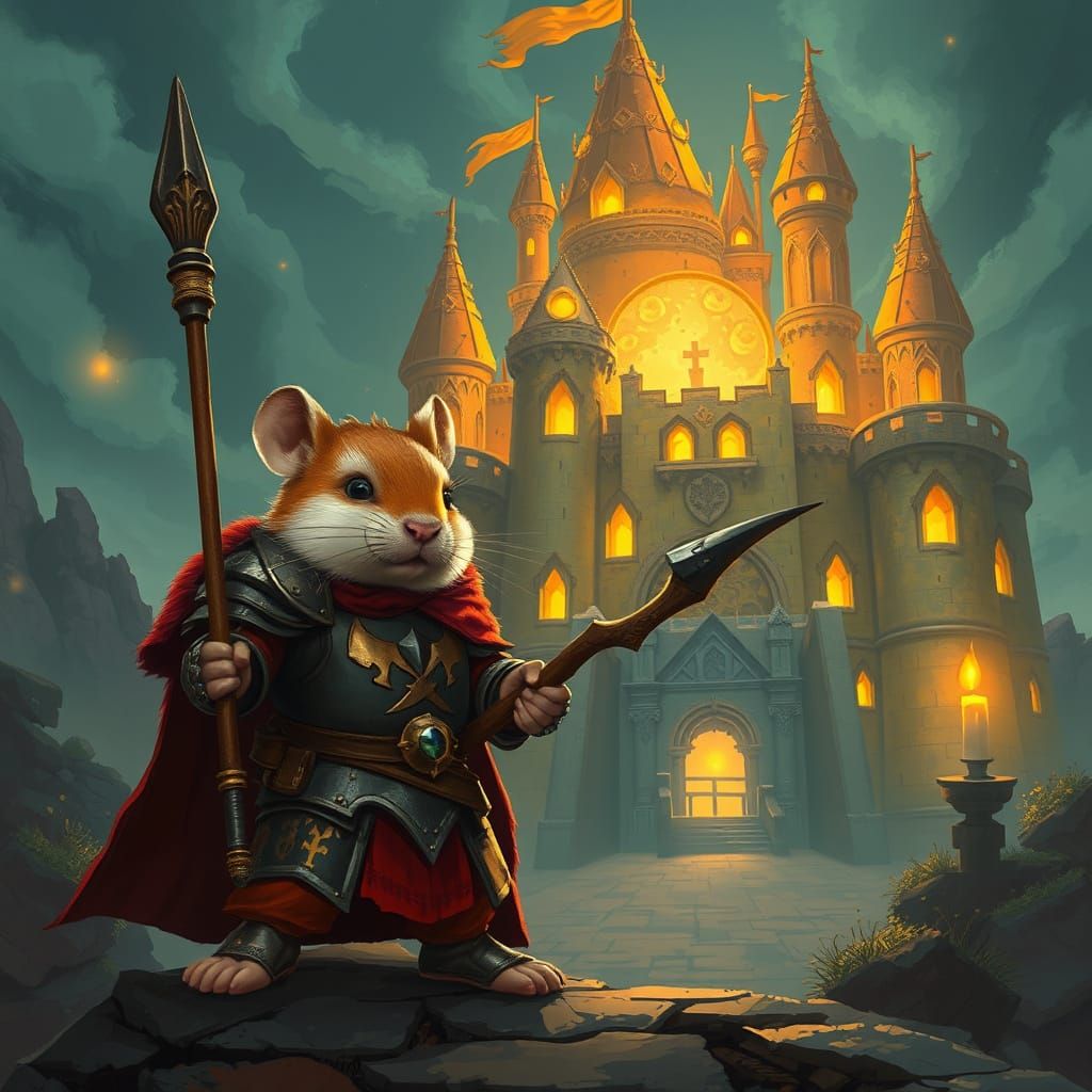 Brave Hamster Knight Stands Guard Before A Giant Castle Made Of Cheese