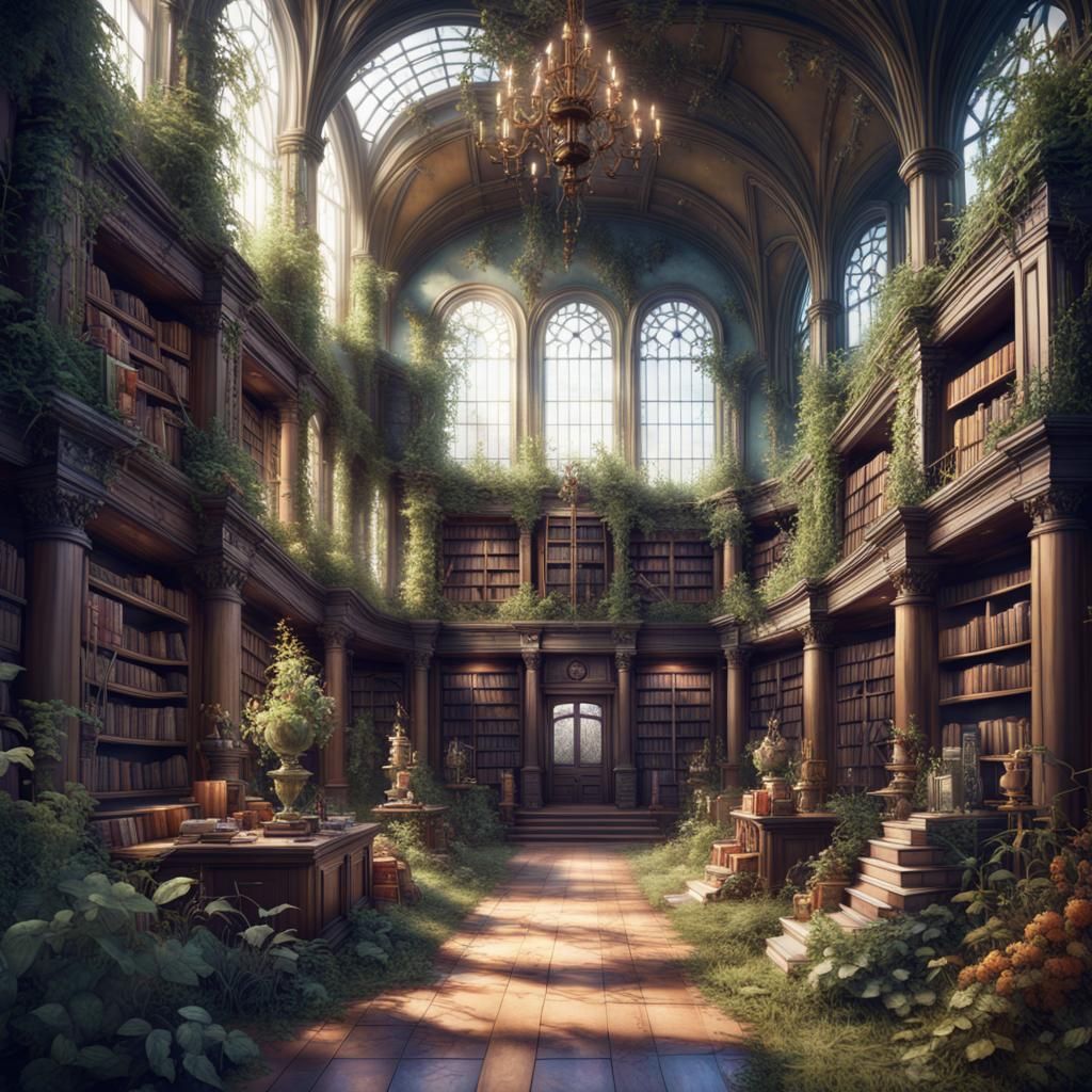 Overgrown library - AI Generated Artwork - NightCafe Creator