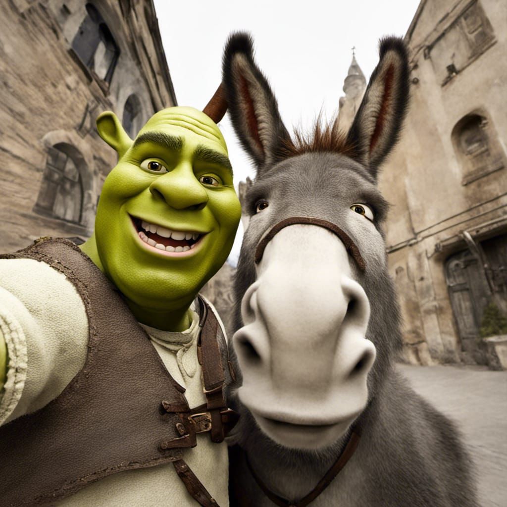 Shrek and his donkey take a selfie - AI Generated Artwork - NightCafe Creator