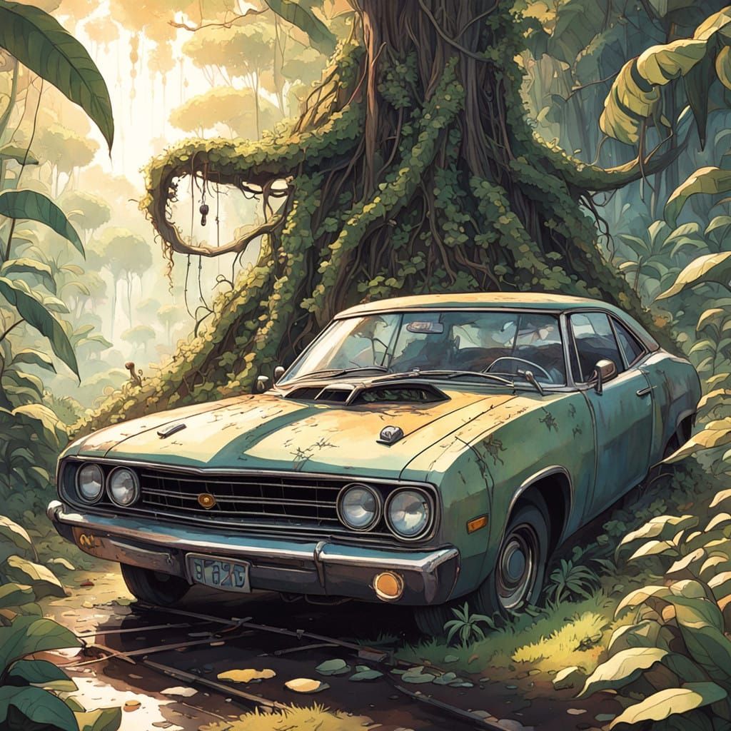 Post-Apocalyptic Muscle Car Transformed into Jungl... - AI Art
