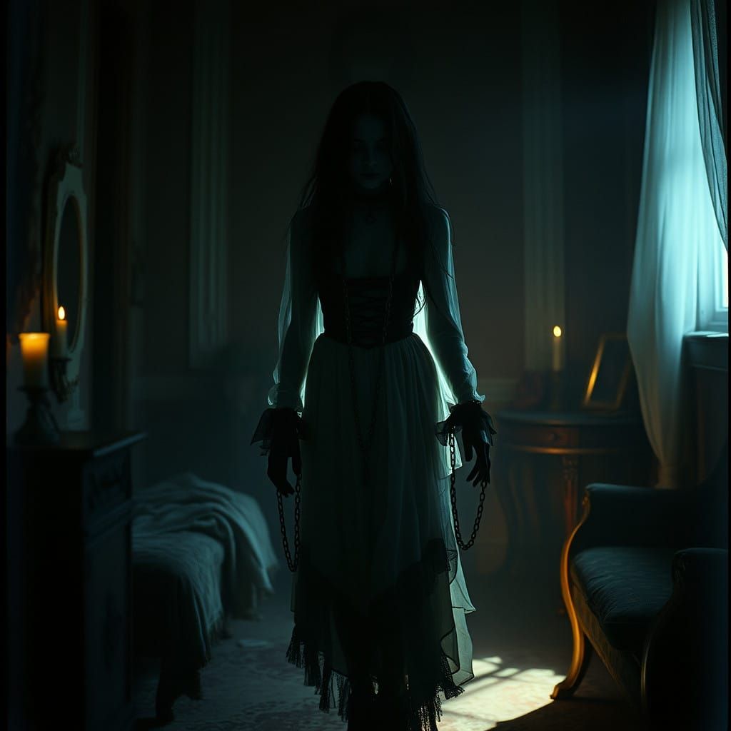 A ghostly gothic girl, draped in tattered, dark Victorian attire, with ...