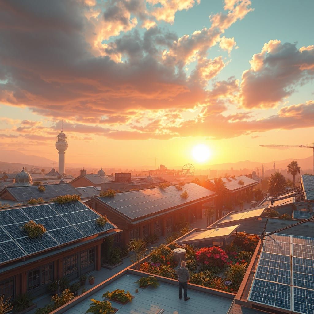 A futuristic solarpunk landscape full of solar panels and roof gardens.