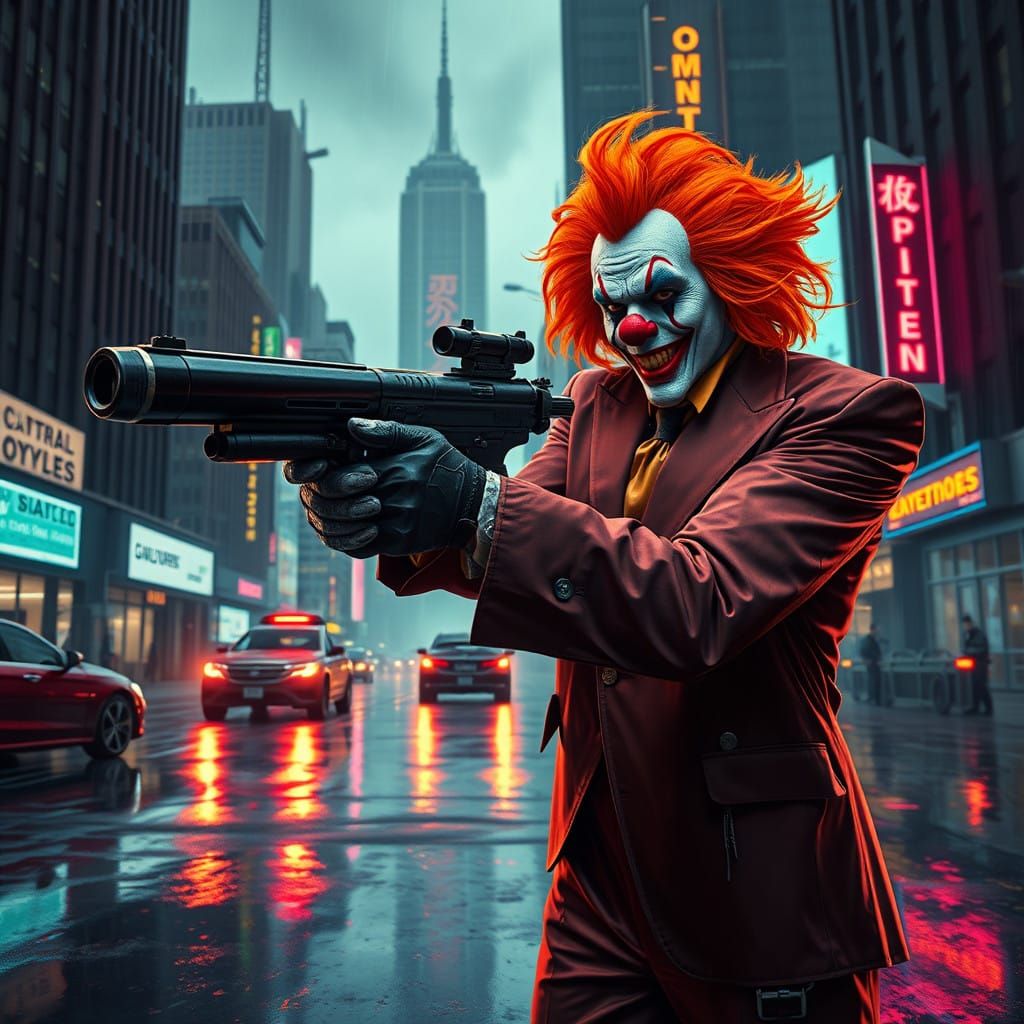 Cyberpunk Mobster Clown Targets the City in Neon - AI Art