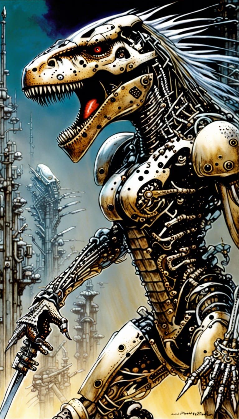 "cybernetic t-rex ninja" by luis royo, todd mcfarlane and hajime katoki, pixiv, complex ...