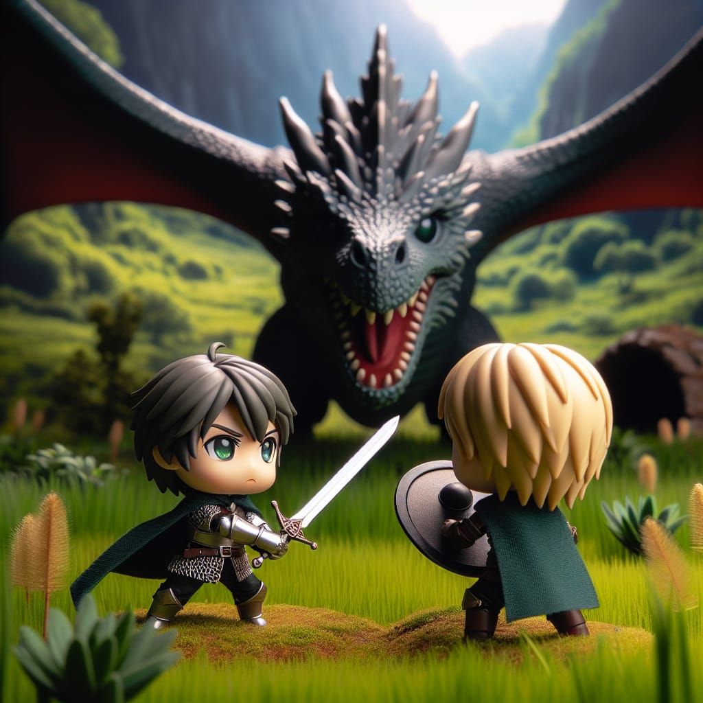 Hyper-realistic Chibi knights facing off with a chibi dragon in a field ...
