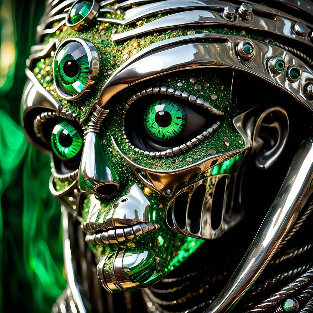 Close-up metallic mummy patched liquid and glitter sculpture with weird ...