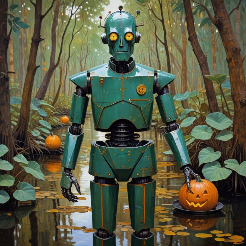 Robot butler in Everglades has deep patina skin, oil gouache, Egon ...