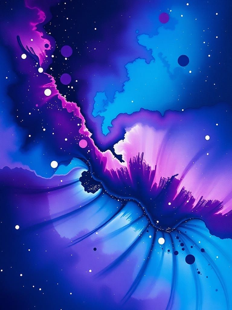 An abstract cosmic-inspired watercolor painting in deep purple ...