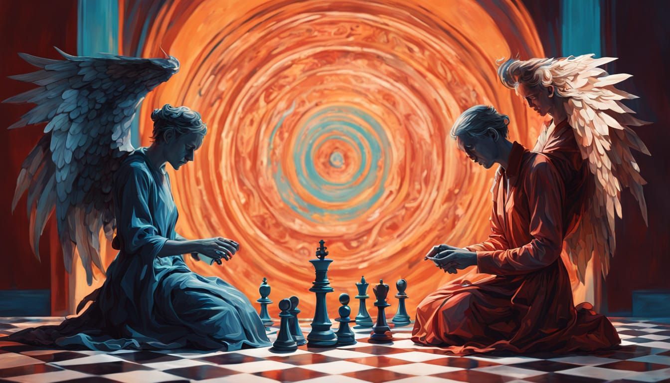 Angel and Demon Engage in Hyper-Realistic Chess Sh... - AI Art