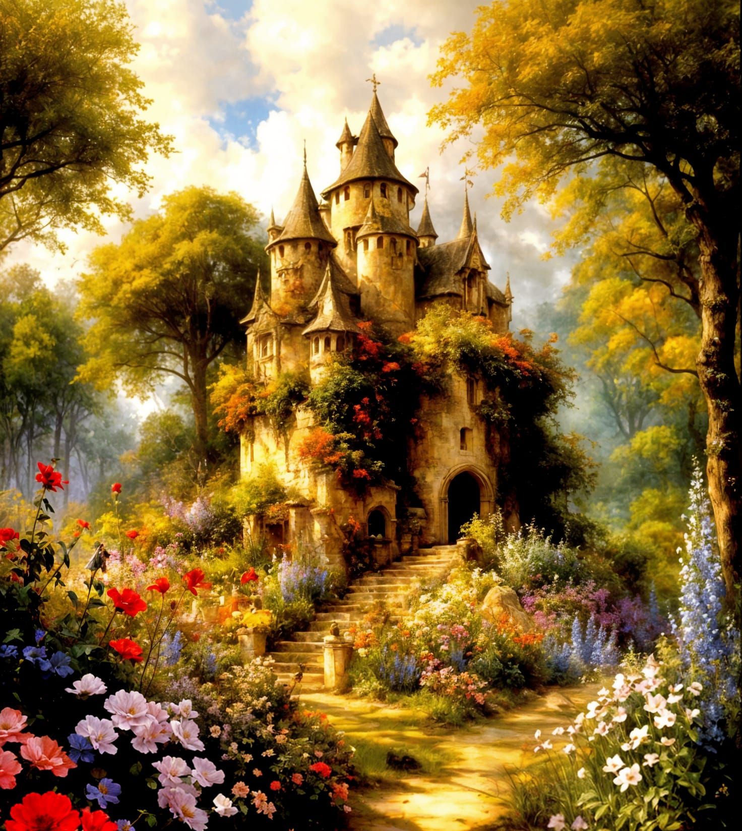 Fantasy fairy castle, fantasy forest, flowers, plants, trees, by Arthur Rackham, Pino Daeni