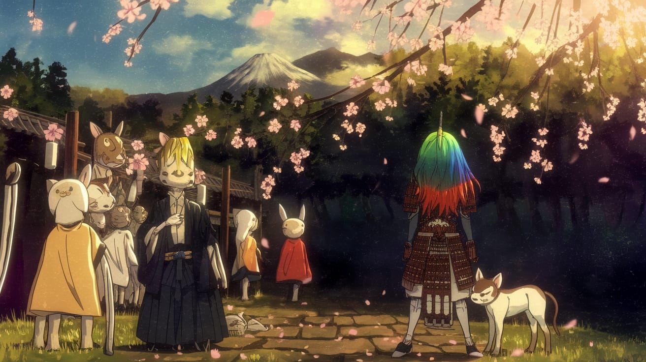 Samurai at Burial Site in Vibrant Anime Style - AI Art