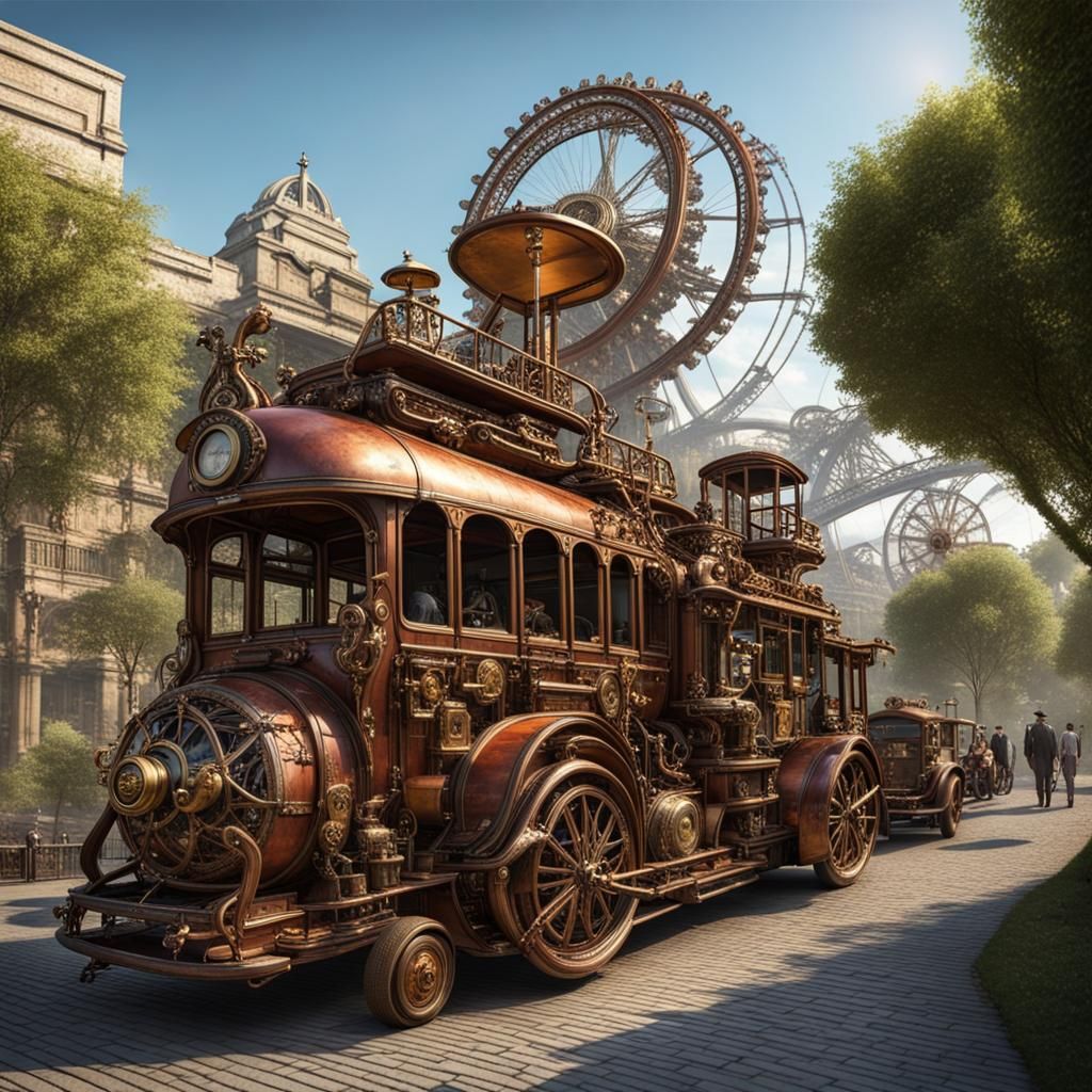 steampunk parque de atracciones moderno Norias tranvías y trolebuses ...