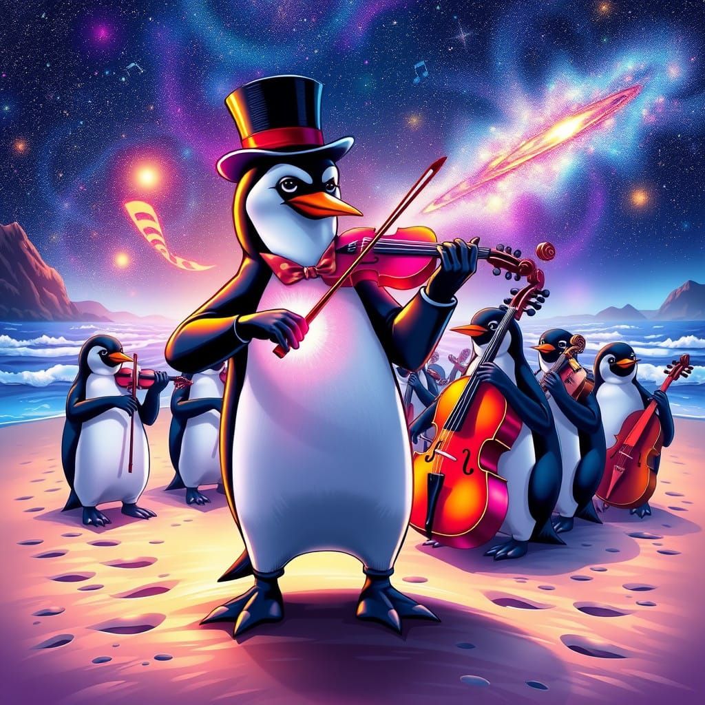 Penguin maestro playing a violin with his Orchestra of Penguins behind ...