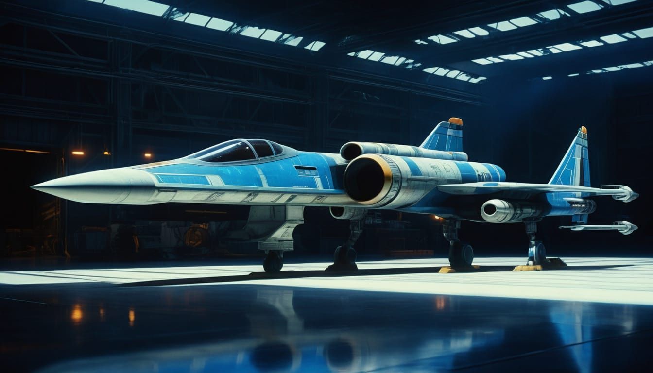A futuristic four-wing starfighter with an X-shaped configuration