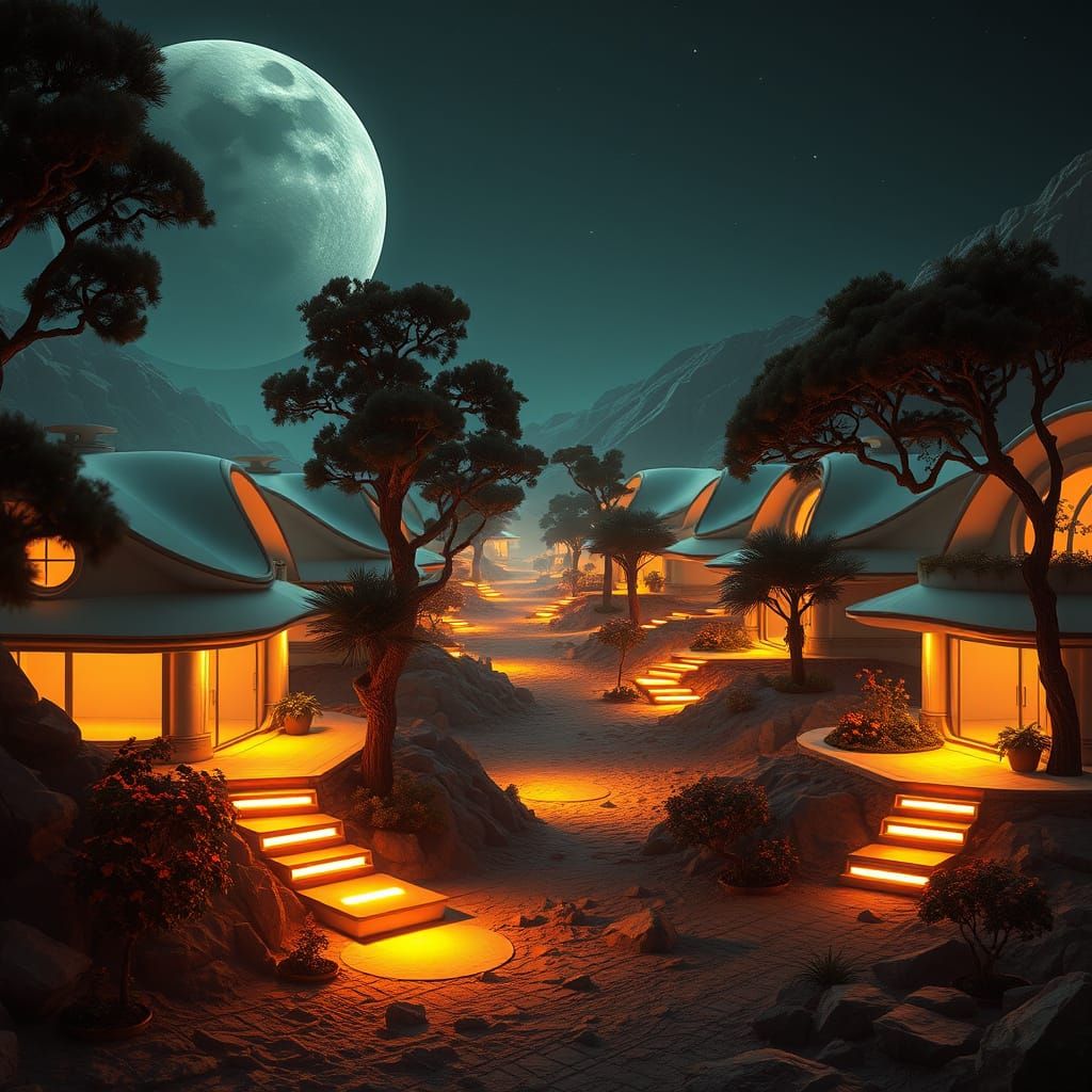 Lunar Oasis with Glowing Pathways and Futuristic H... - AI Art
