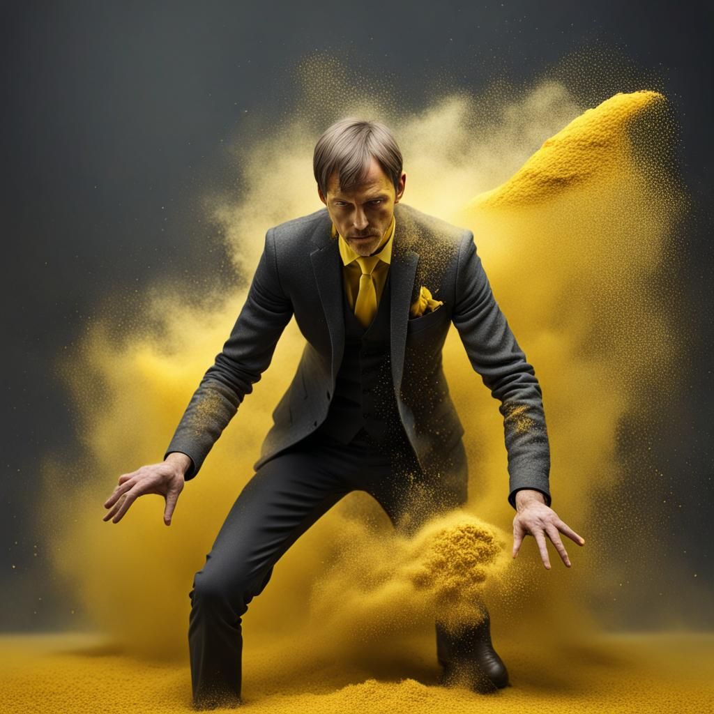man disintegrating into yellow dust gray background digital art ...
