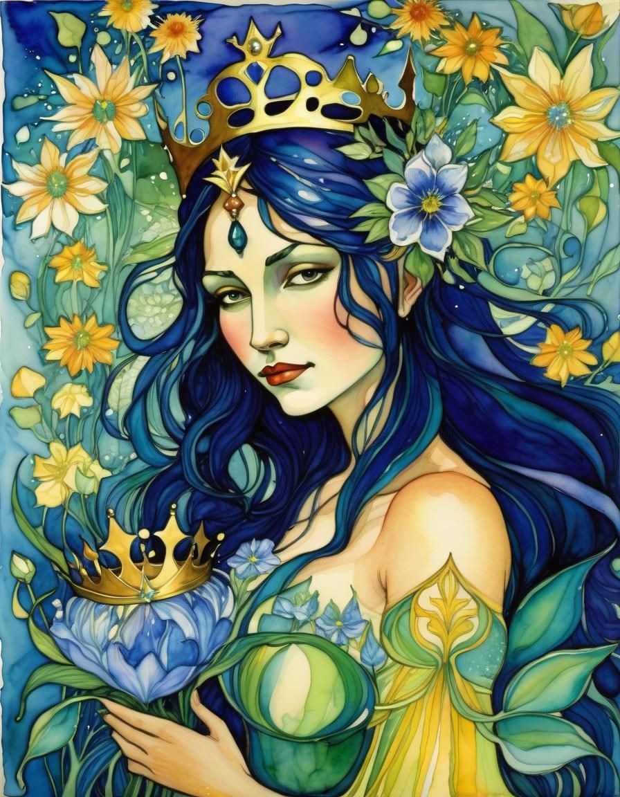 Fantastical Lake fairy Queen, (crown of flowers:2) : alcohol ink ...