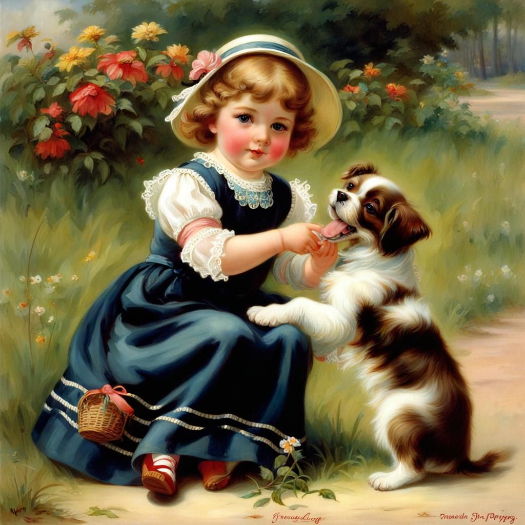 1900 vintage children book illustration: little girl playing with a ...