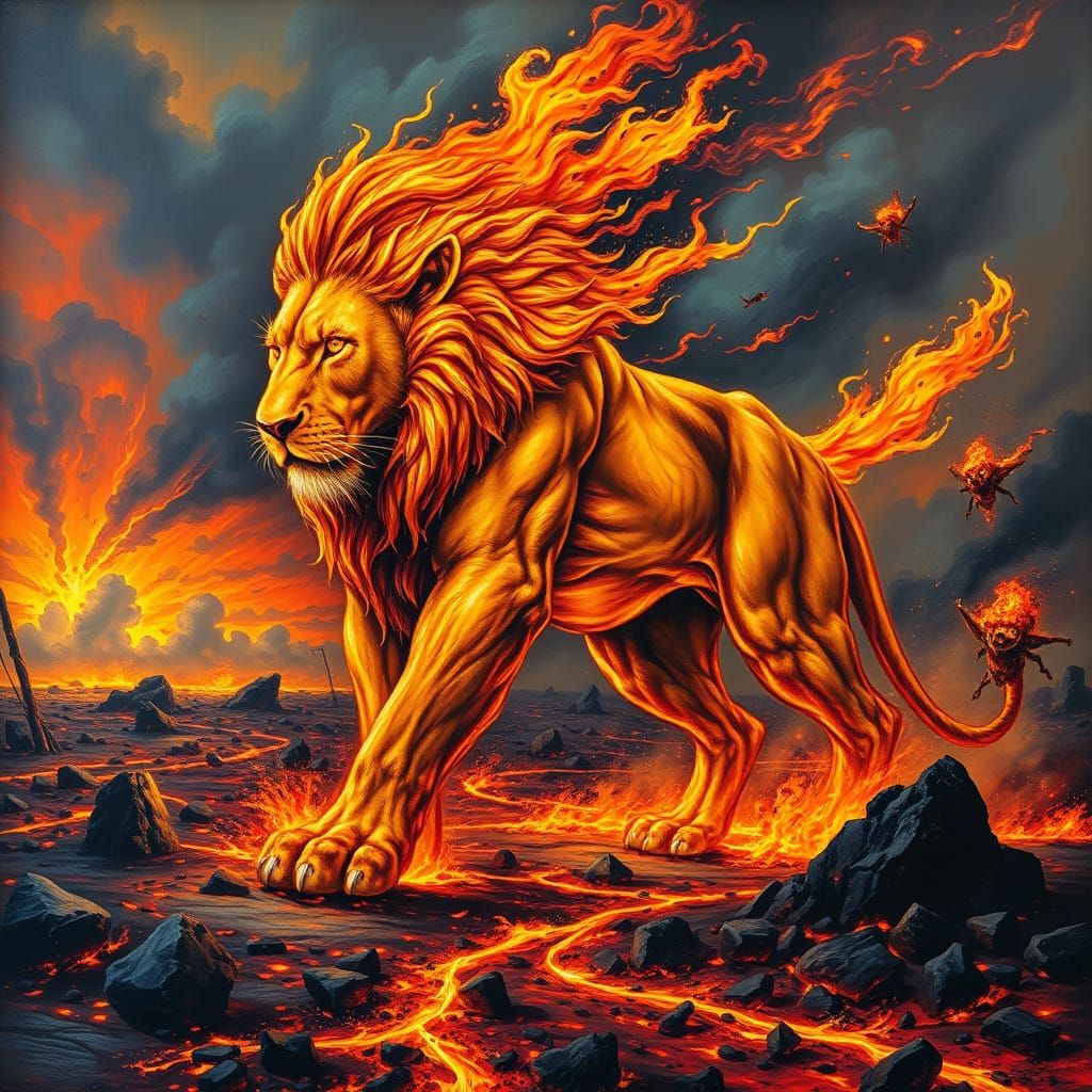 A hyperrealistic, highly detailed, colossal, ferocious lion composed ...