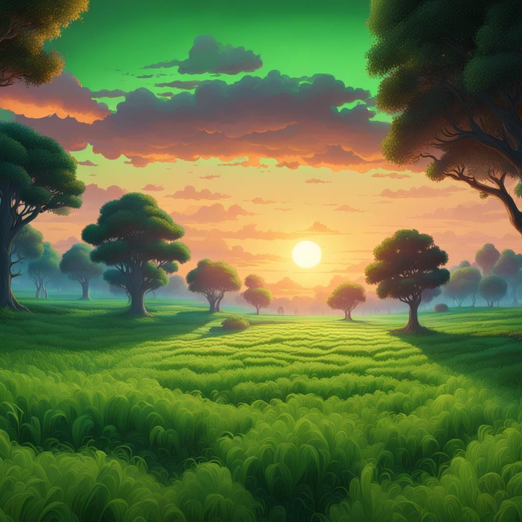 sunset over a lush green field - AI Generated Artwork - NightCafe Creator