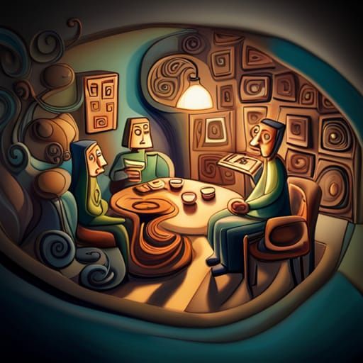 People chatting at a coffee table, at night, with a dim light in the ...