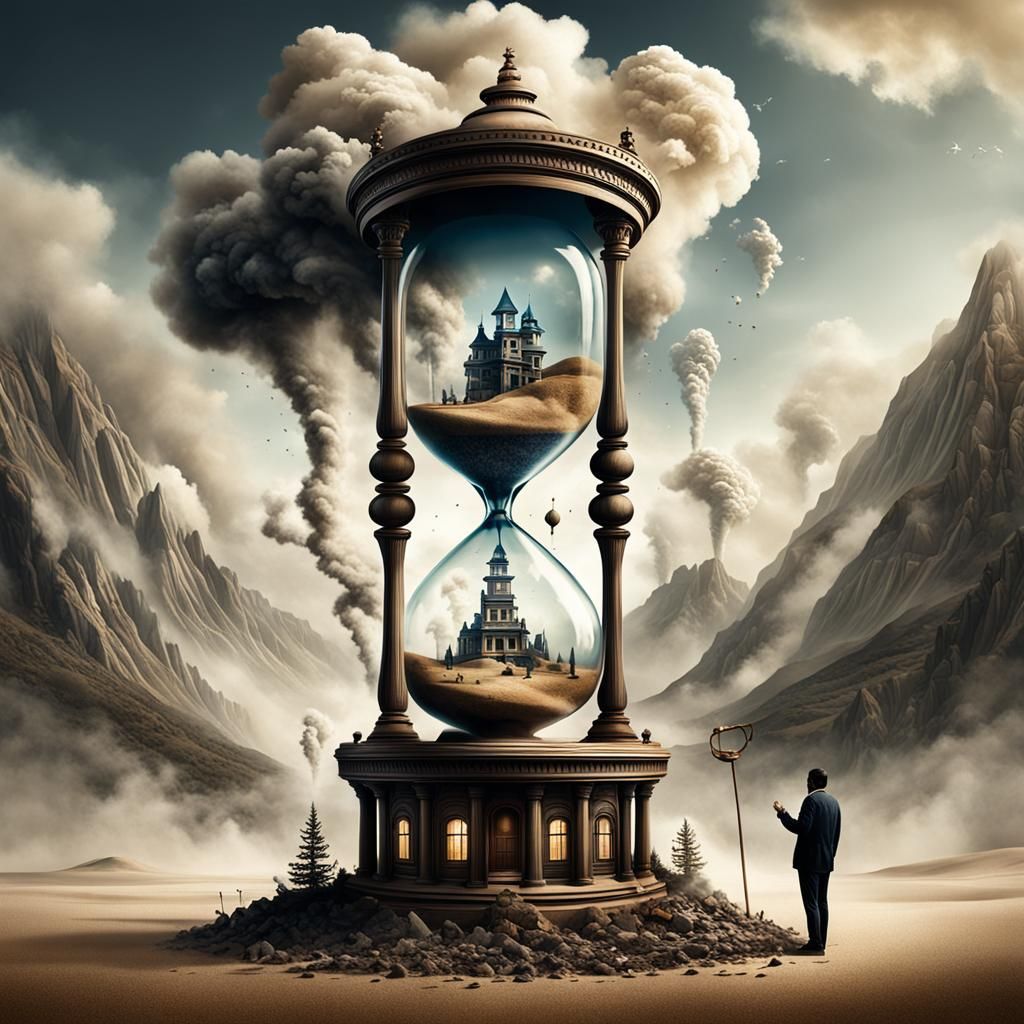 Dreamlike illustrations of a giant hourglass featuring objects, formed ...
